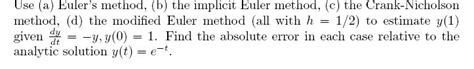 Solved Use A Euler S Method B The Implicit Euler Chegg