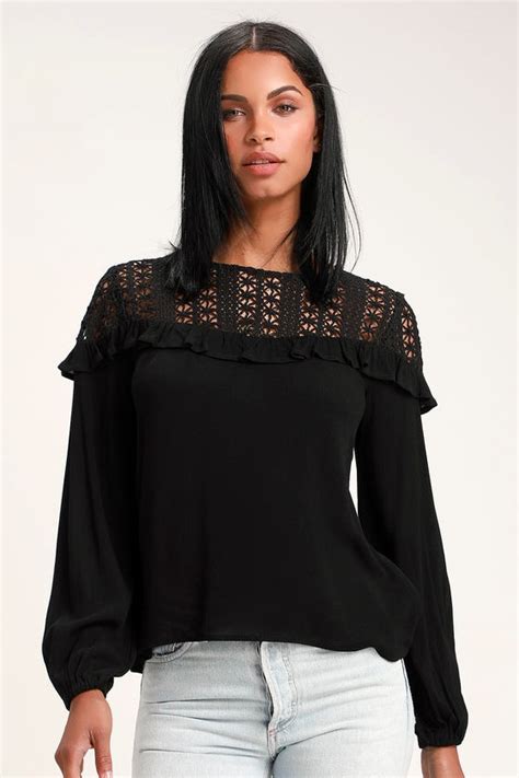 Cute Black Top Crocheted Lace Top Long Sleeve Top Top Lulus