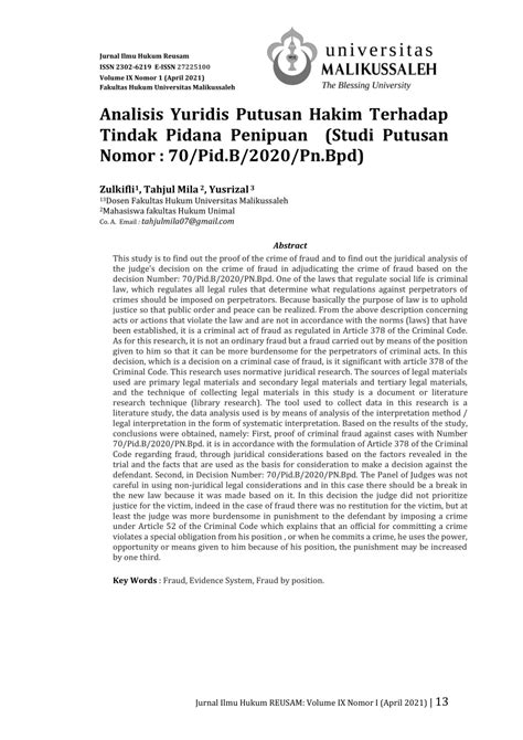 PDF Analisis Yuridis Putusan Hakim Terhadap Tindak Pidana Penipuan Studi Putusan Nomor
