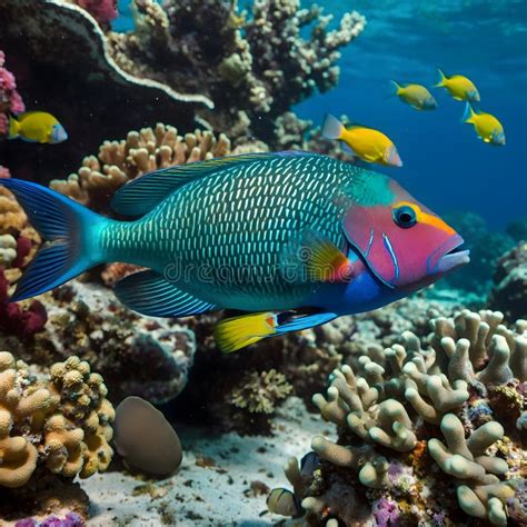 Princess Parrot Fish Swimming Through A Bustling Coral Ecosystem Stock