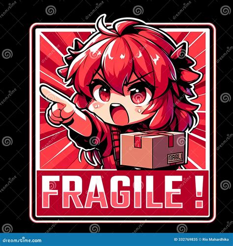 Kawaii Red Character Fragile Sign Packaging Sticker Stock Illustration