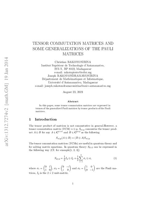 Pdf Tensor Commutation Matrices And Some Generalizations Of The Pauli