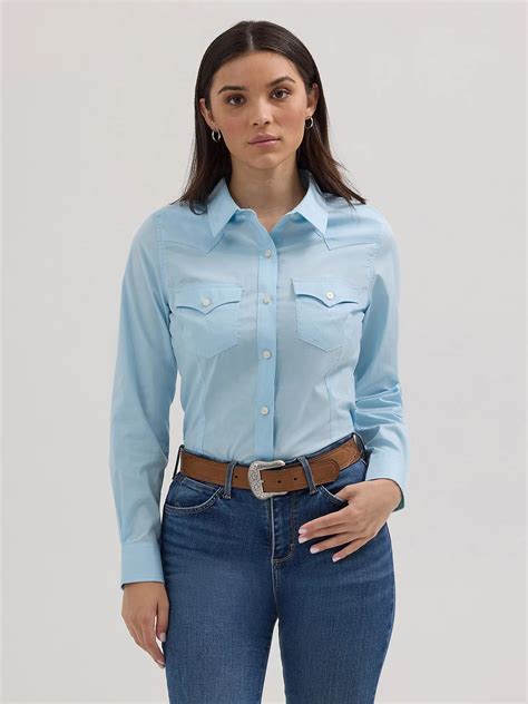 Womens Wrangler Western Button Down Shirt In Cool Blue Xl Cool