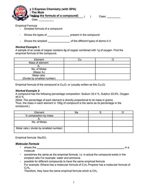Worksheet 96 Empirical And Molecular Formula Pdf