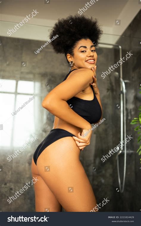 Sexy African American Woman Underwear Smiling Stock Photo