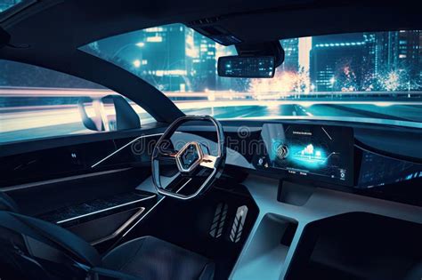 Futuristic Car With Sleek Dashboard And Curved Touchscreens Drives