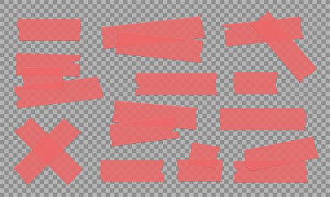 빨간 투명 접착 테이프의 벡터 세트입니다 덕트 테이프 스트립 마스킹 테이프의 찢어진 조각이 투명한 배경에 격리되어 있습니다 3차원 형태에 대한 스톡 벡터 아트 및 기타