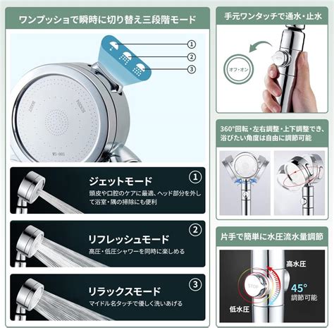 【楽天市場】シャワーヘッド 節水 水量水圧調節 高水圧 カートリッジ 6つ付き 付属5つ＋内蔵1つ 3段階モード 増圧 360度角度調整 肌
