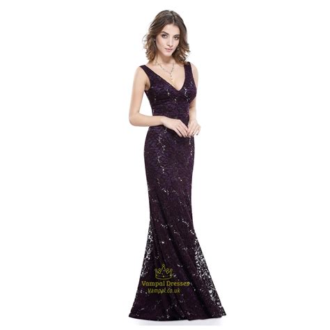Vintage Dark Purple Lace Sequin Mermaid V Neck Sleeveless Prom Dresses