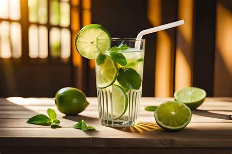 Premium Photo A Glass Of Mojito With A Straw And Limes On A Wooden Table