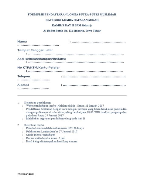 Formulir Pendaftaran Lomba Putra Putri Muslimah Pdf