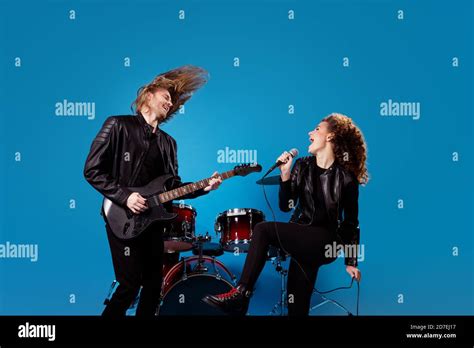 Profile Side Photo Funky Youth Two People Team Man Play Bass Guitar