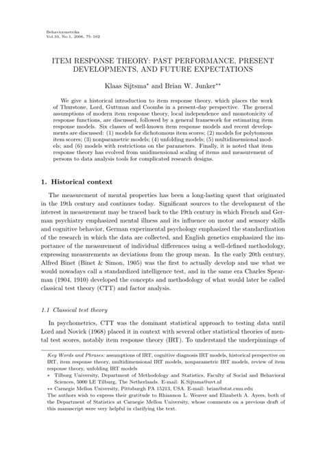 Pdf Item Response Theory Past Performance Present Developments And