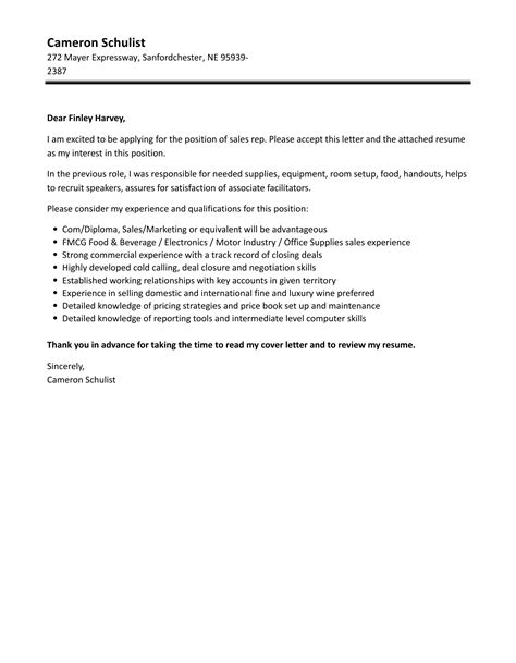Sales Rep Cover Letter Velvet Jobs