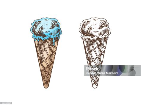 손으로 그린 컬러 및 흑백 스케치 세트와 냉동 요구르트 또는 아이스크림을 곁들인 와플 콘 빈티지 일러스트입니다 라벨 포장 및 엽서의 요소 고풍스런에 대한 스톡 벡터 아트 및