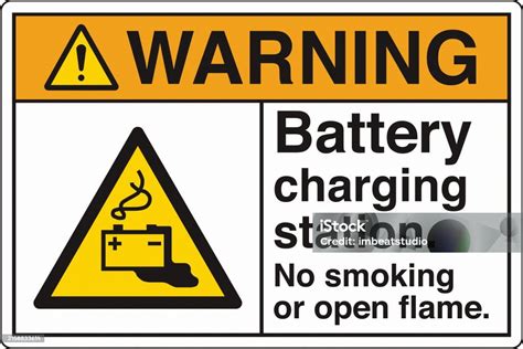 Ansi Z535 안전 표지 마킹 라벨 기호 픽토그램 표준 경고 배터리 충전 스테이션 금연 또는 화염 없음 텍스트 가로 흰색 0명에 대한 스톡 벡터 아트 및 기타 이미지