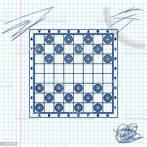 흰색 배경에 격리 체커 라인 스케치 아이콘의 보드 게임 고대 지적 보드 게임 체스 보드 흰색과 검은 색 칩 벡터 일러스트레이션 놀기에 대한 스톡 벡터 아트 및 기타 이미지