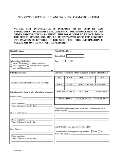 Ks Service Cover Sheet And Ncic Information Form 2012 Complete Legal Document Online Us