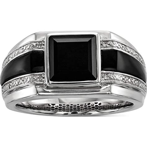 Sterling Silver Ss Rh Plated White Night Diamond And Onyx Mens Ring