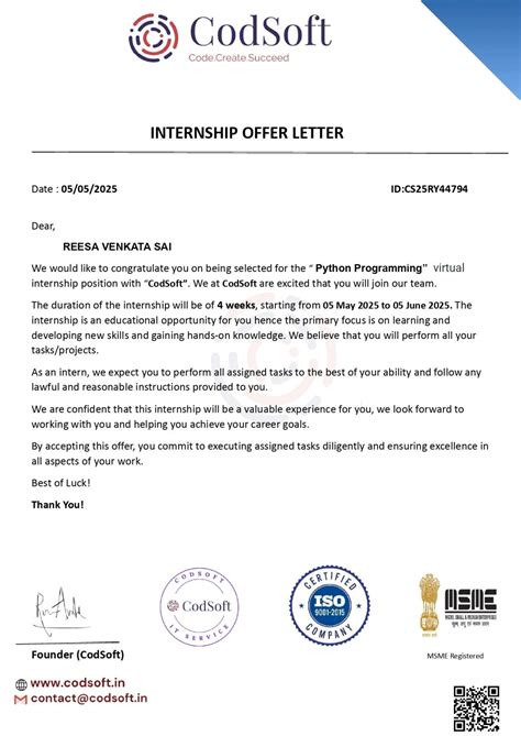 Excited To Share That Ive Received An Internship Offer From Codsoft