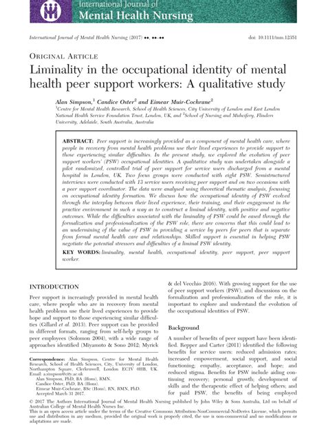 Pdf Liminality In The Occupational Identity Of Mental Health Peer