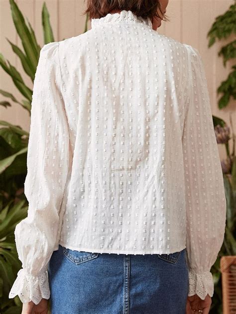 SHEIN Frenchy Frill Mock Neck Flounce Sleeve Schiffy Panel Swiss Dot