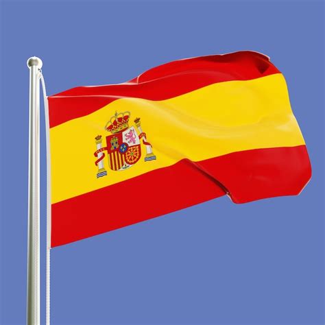 Bandera de españa en el asta de la bandera ondeando en el viento aislado sobre fondo de cielo