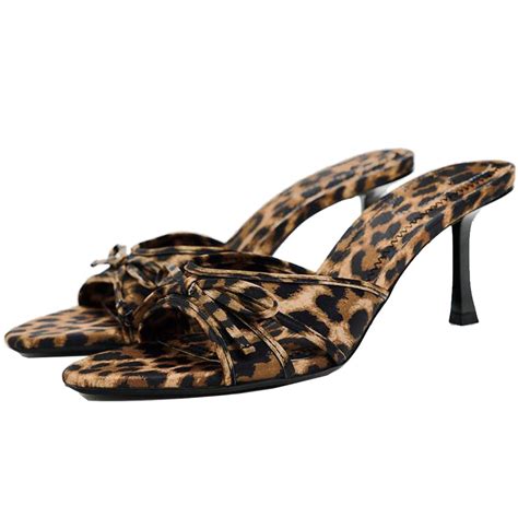 Yiya Womens Leopard Print Mules Heels With Bow Open Round Toe Stiletto