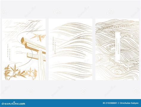 Abstract Art Landscape Background With Line Pattern Vector Japanese Wave Template In Vintage