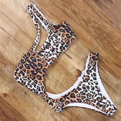 Hollow One Shoulder One Piece Swimsuit Women Sexy Leopard Swimwear