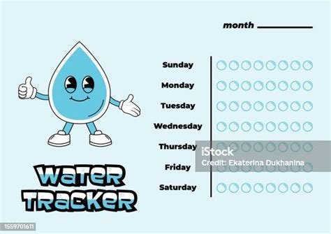 일일 물 추적기 균형 벡터 달력 습관 추적기 개념과 효과적인 계획 충분한 물 마시기 수분 공급 문제 복고풍 그루비 스타일의 귀여운 캐릭터 A4 용지에 대한 스톡 벡터 아트