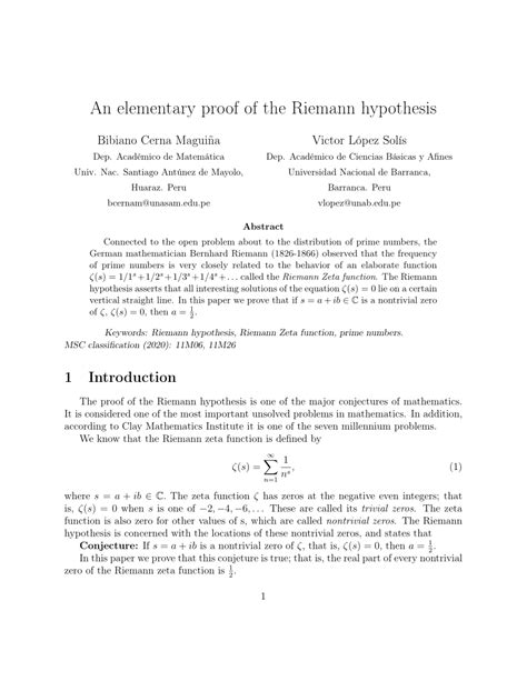 Pdf An Elementary Proof Of The Riemann Hypothesis