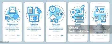 선형 개념으로 모바일 앱 페이지 화면 온보딩 외래 및 홈 케어 약국 약물 연구 5개의 연습 단계 그래픽 지침 Ux Ui 그림이 있는 Gui 벡터 템플릿 아이콘에 대한 스톡