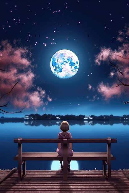 Premium Ai Image A Cute Anime Girl Sits On A Bench Looking At The Moon And Stars Generative Ai
