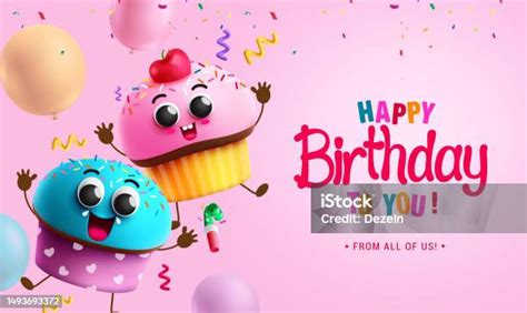 생일 축하 텍스트 벡터 디자인입니다 생일 컵케이크와 머핀 캐릭터가 귀여운 표정을 짓고 있다 머핀에 대한 스톡 벡터 아트 및 기타