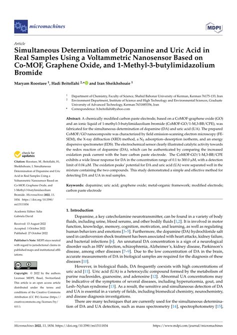 Pdf Simultaneous Determination Of Dopamine And Uric Acid In Real Samples Using A Voltammetric