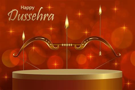 Dussehra 축제를 위한 3d 연단 원형 무대 스타일은 동양적 요소가 있는 라마 경의 인도 삽화를 축하합니다 프리미엄 벡터