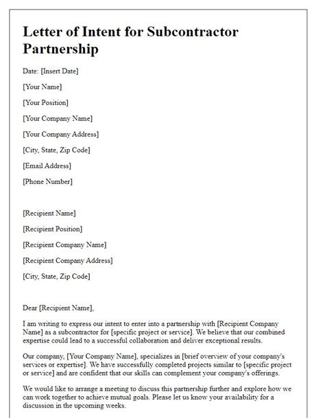 Letter Template For Subcontractor Letter Of Intent Free Samples In