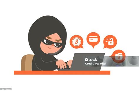 해커는 컴퓨터로 인터넷에서 기밀 개인 정보 금융 정보 또는 몸값을 훔치고 있습니다 흰색 배경에 일러스트 레이 션 벡터 만화