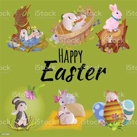 녹색 잔디에 부활절 초콜릿 달걀 사냥 토끼 바구니 세트 장식 꽃 토끼 재미 귀 행복 한 봄 휴가 전통 인사말 카드 또는 배너