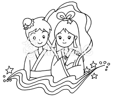 おりひめさまとひこぼしさまモノクロイラスト No 812889／無料イラストなら「イラストac」