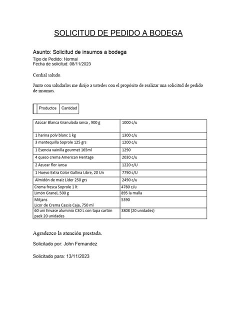 Solicitud De Pedido A Bodega Pdf