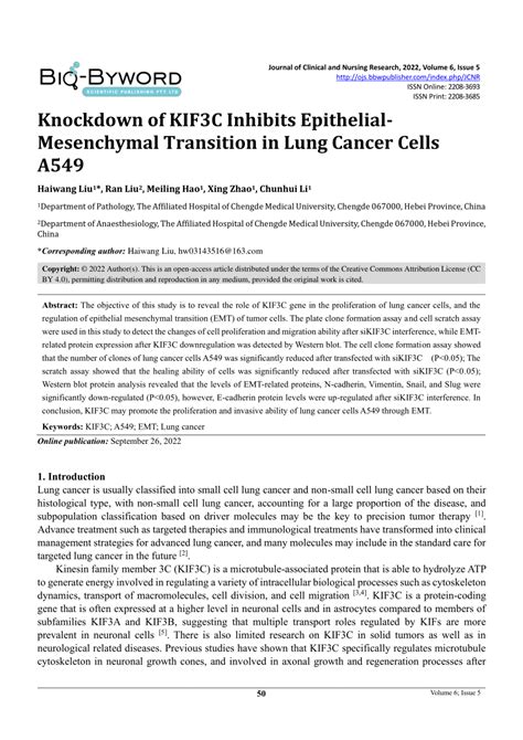 PDF Knockdown Of KIF3C Inhibits Epithelial Mesenchymal Transition In