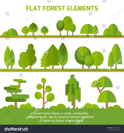 Trendy Set Different Trees Bushes Grass Stock Vector Royalty Free