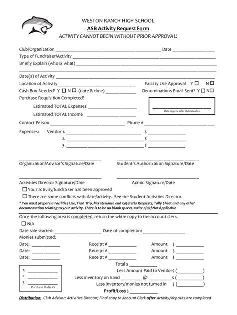 Fillable Online Weston Ranch High School Asb Activity Request Form