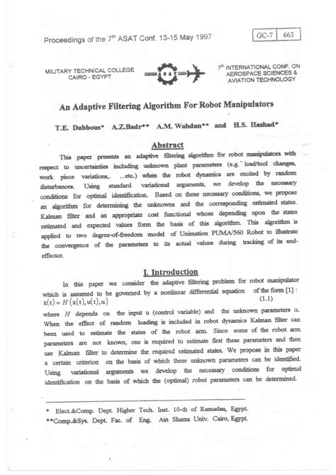 Pdf An Adaptive Filtering Algorithm For Robot Manipulators