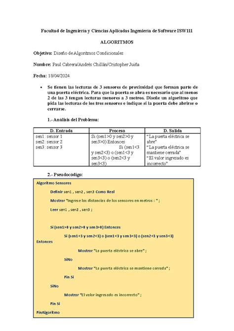 Diseño Algoritmos Condicionales Cabrera Chillan Juiña Facultad de Ingeniería y Ciencias
