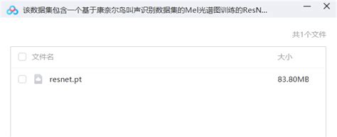 该数据集包含一个基于康奈尔鸟叫声识别数据集的mel光谱图训练的resnet 34模型。它可以用于从音频剪辑中识别鸟类的种类，具有很高的准确性