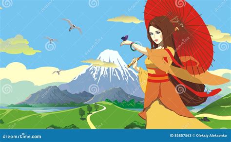 有伞的日本女孩在富士山背景 库存例证 插画 包括有 富士 日语 日出 背包 遮阳伞 礼服 正式 85857563