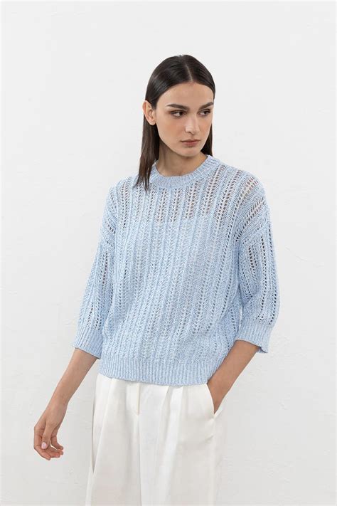 Pure Cotton Cordonnet And Micro Sequins Sweater Caneletto Light Blue